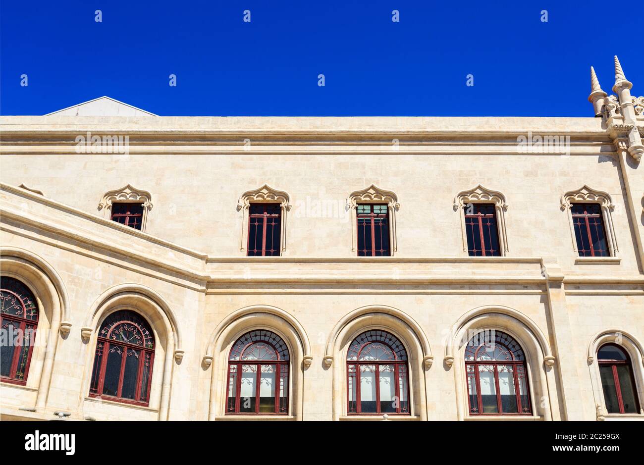 Detail of the Romantic Neo-Manueline facade of the Rossio Railway ...