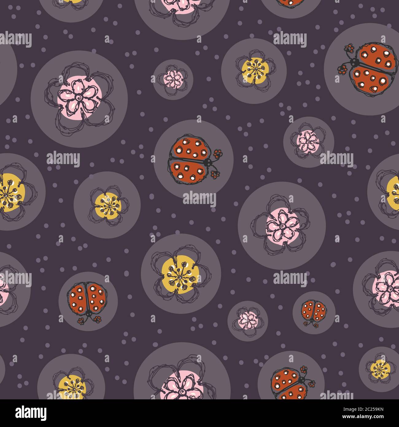 Modern Doodle Daisy and Ladybug Seamless Pattern. Hand Drawn Scribble ...