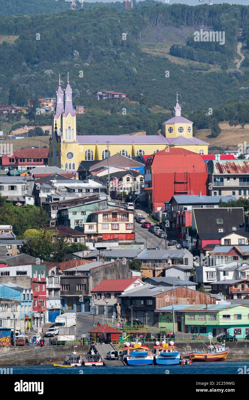 Castro on Chiloé Island is famous for colourful wooden stilt houses ...