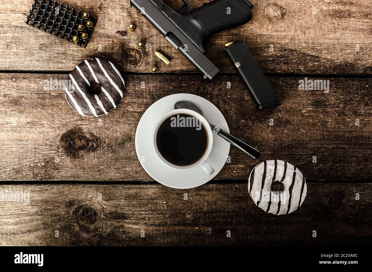 American police officer morning, donuts, juice, fresh black coffee and ...