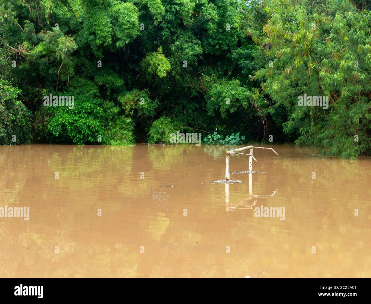 CAPIVARI, BRAZIL - JAN 06, 2019 - Soccer stand on flooded Soccer field ...