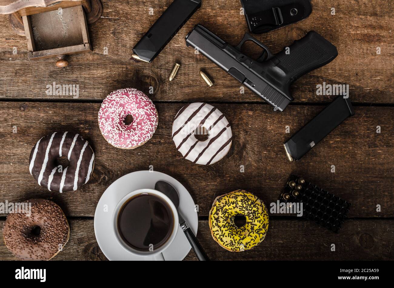 American police officer morning, donuts, juice, fresh black coffee and ...