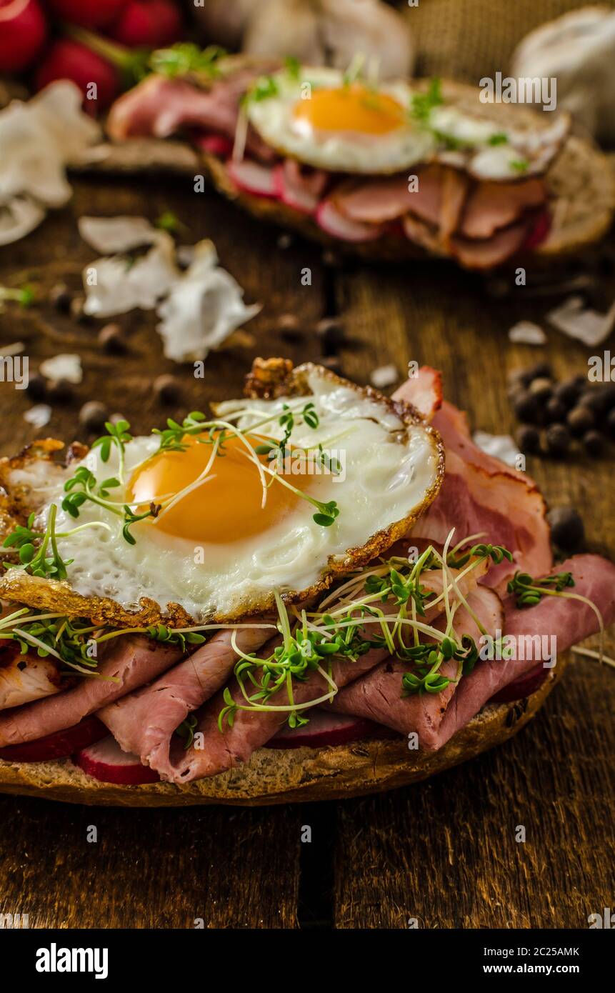 Smoked ham sandwich, rustic bread with bulls-eye egg, microgreens and ...