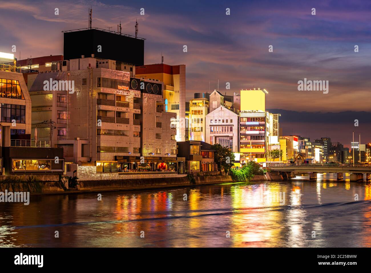 Fukuoka old town along naka river at Nakasukawabata sunset twilight ...