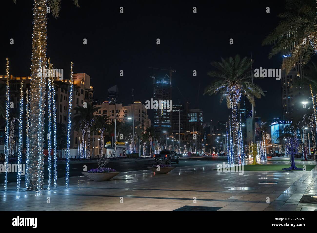 Dubai, UAE - February 2020 : Night view of Dubai city street downtown ...