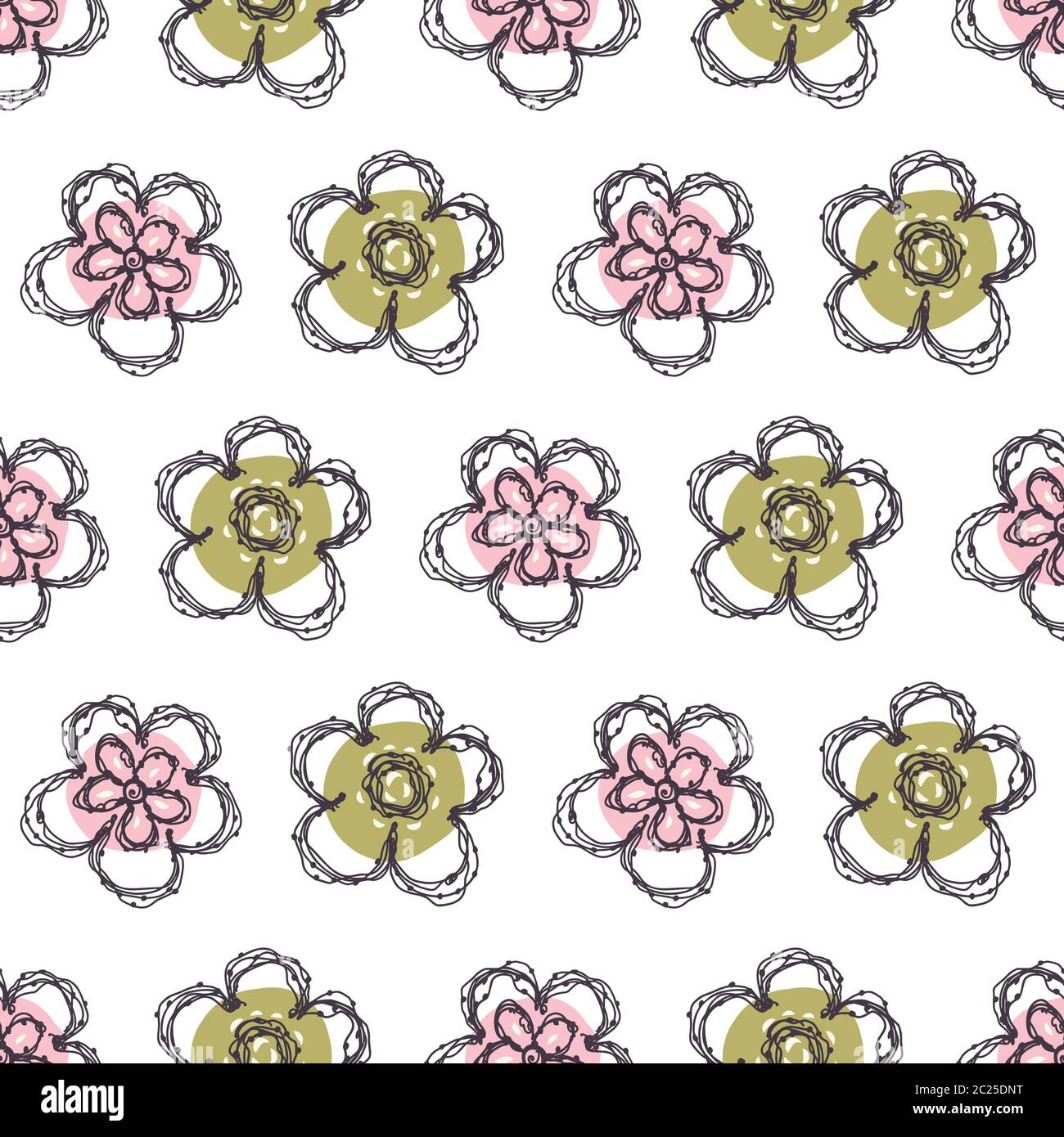Modern Doodle Daisy Seamless Pattern. Hand Drawn Scribble Flower Repeat ...
