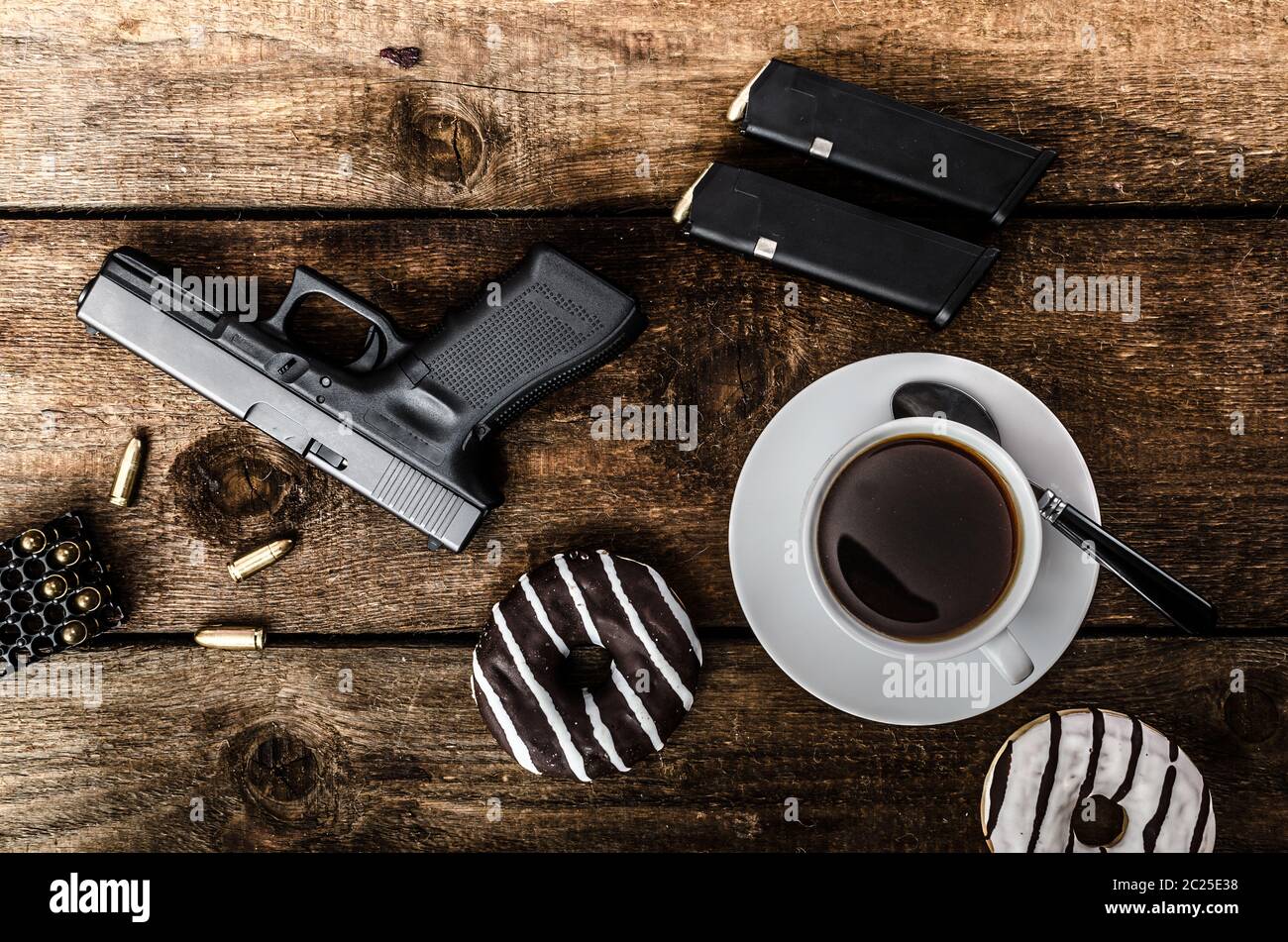 American police officer morning, donuts, juice, fresh black coffee and ...