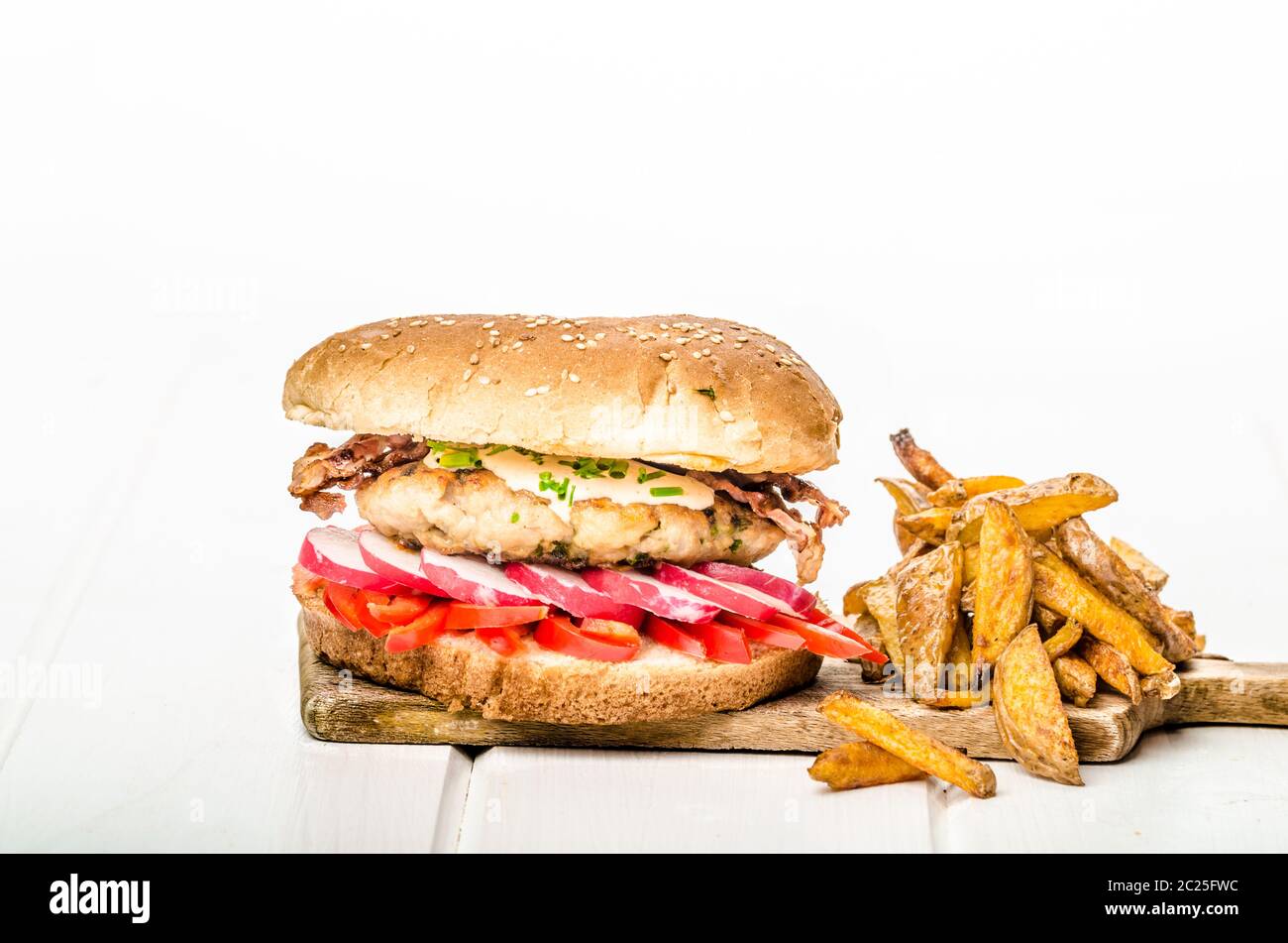 Chicken burger - minced chicken, bacon, paprika, radish and herb ...