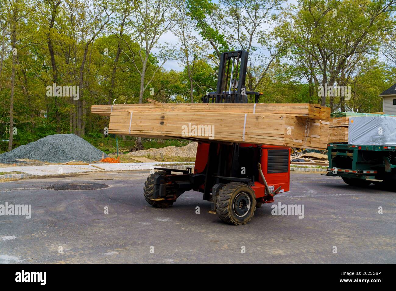 Forklift on construction preparing to construction building material ...