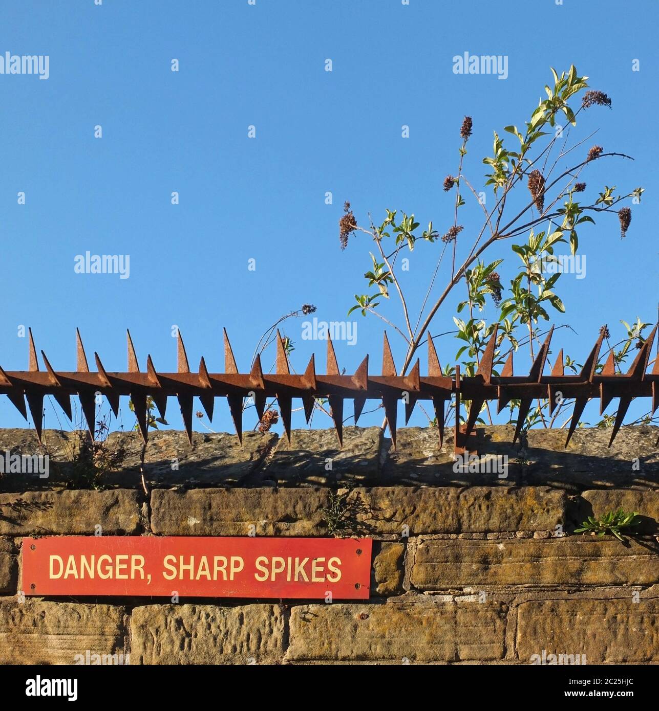rusty iron sharp spikes on the top of an old stone wall with a red ...