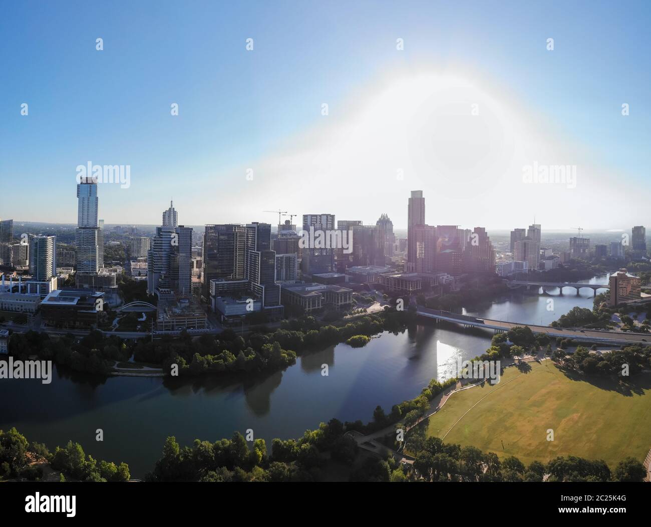 Bright Sunrise Behind Downtown Austin Buildings With Clear Skies Stock ...
