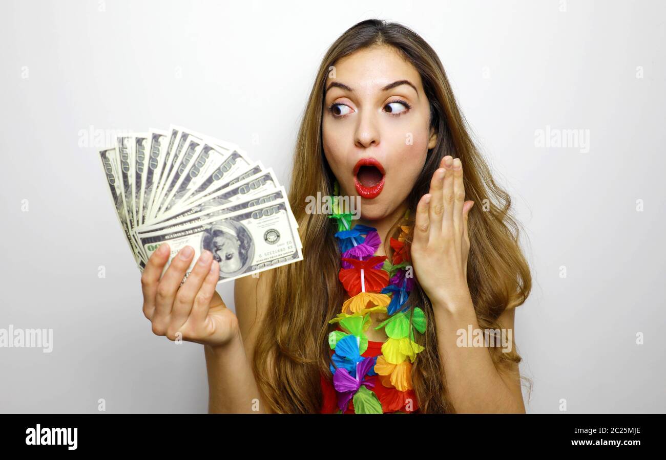 Young attractive woman shocked how she easly won dollars online. Girl ...