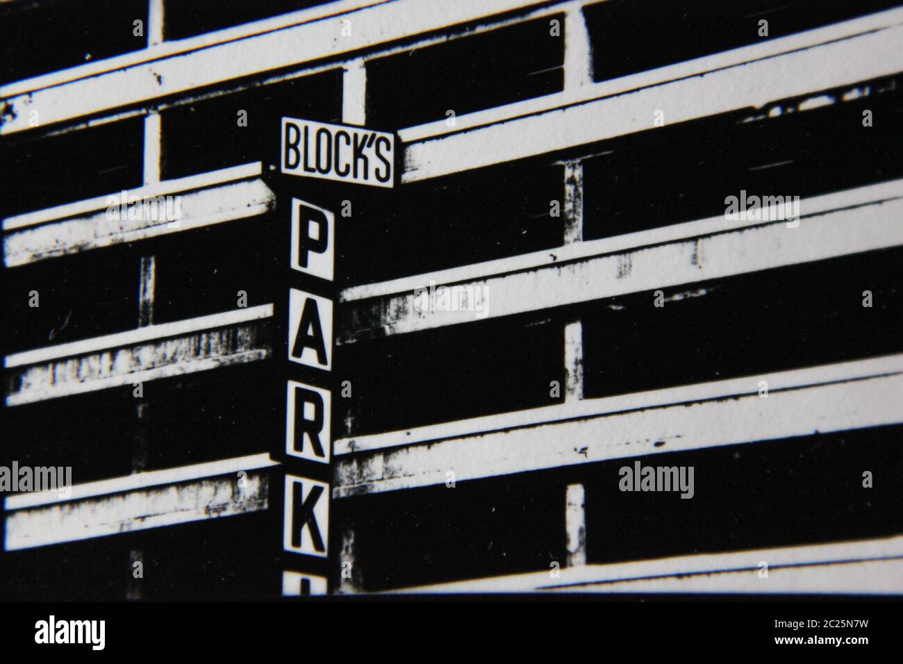 Fine 70s vintage black and white extreme photography of Block's parking ...