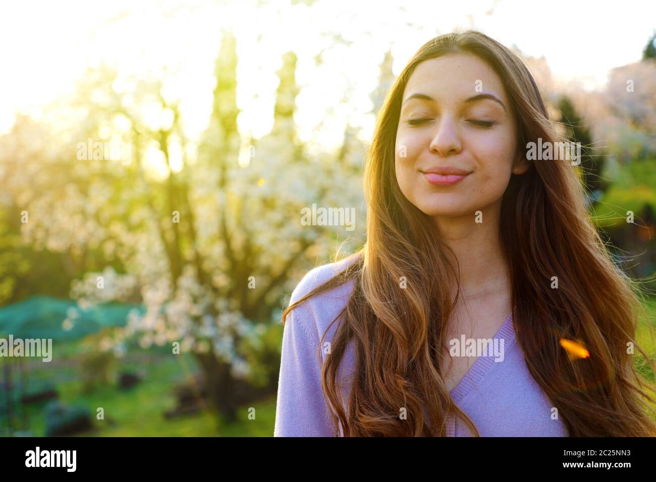 Woman taking deep breath smiling hi-res stock photography and images ...