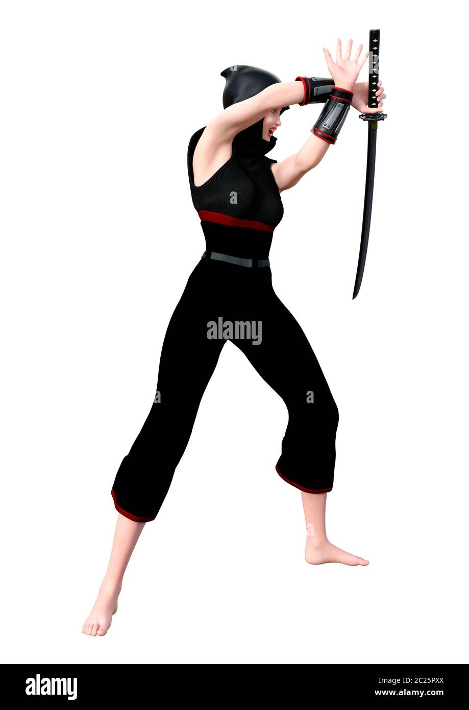 3D rendering of a female ninja holding a sword isolated on white ...