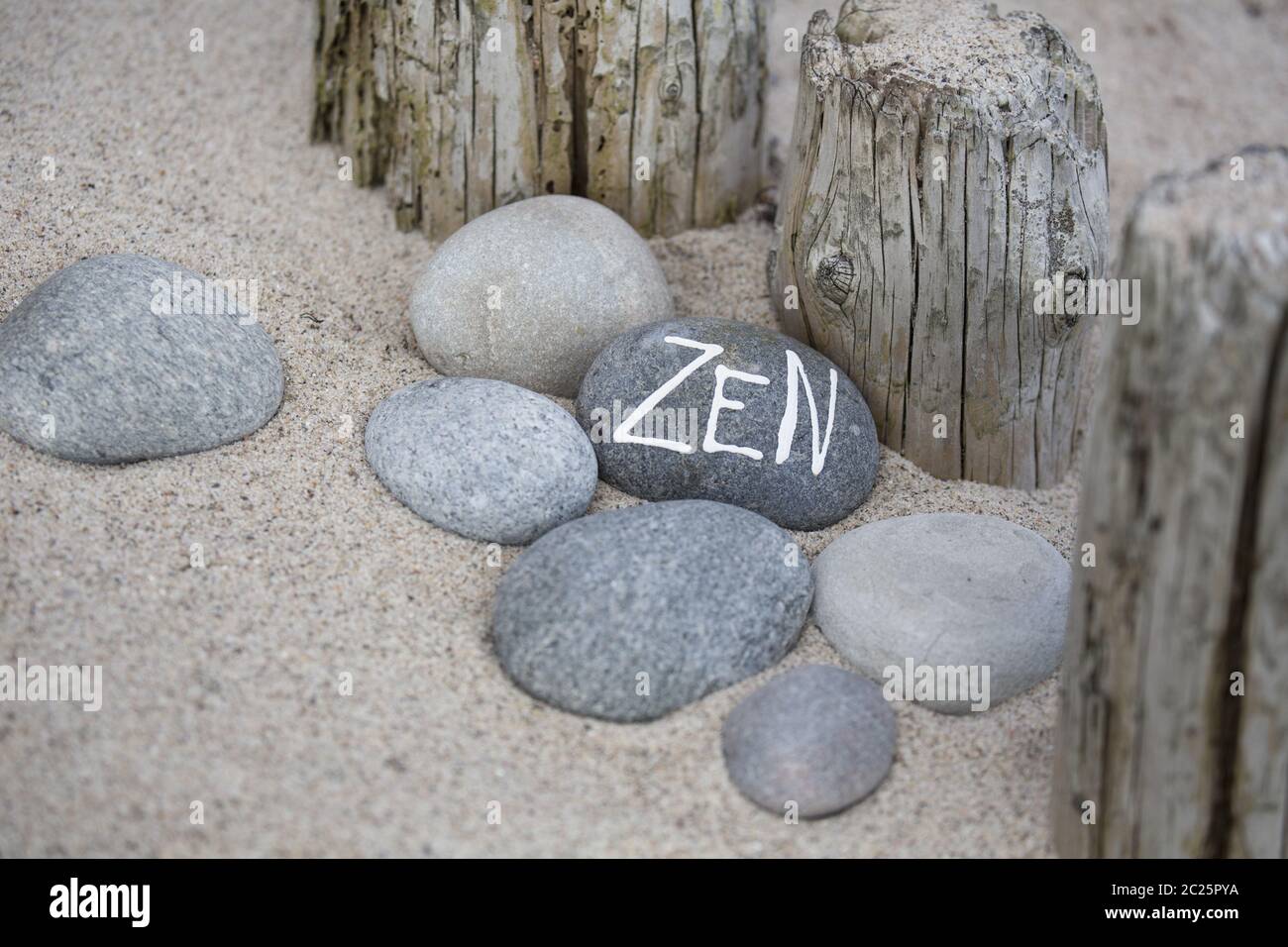 nature art with word zen written on stone with weathered wooden post on ...