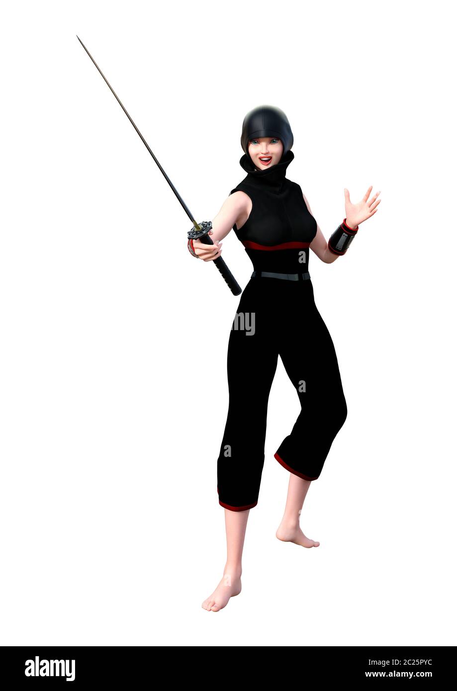 3D rendering of a female ninja holding a sword isolated on white ...