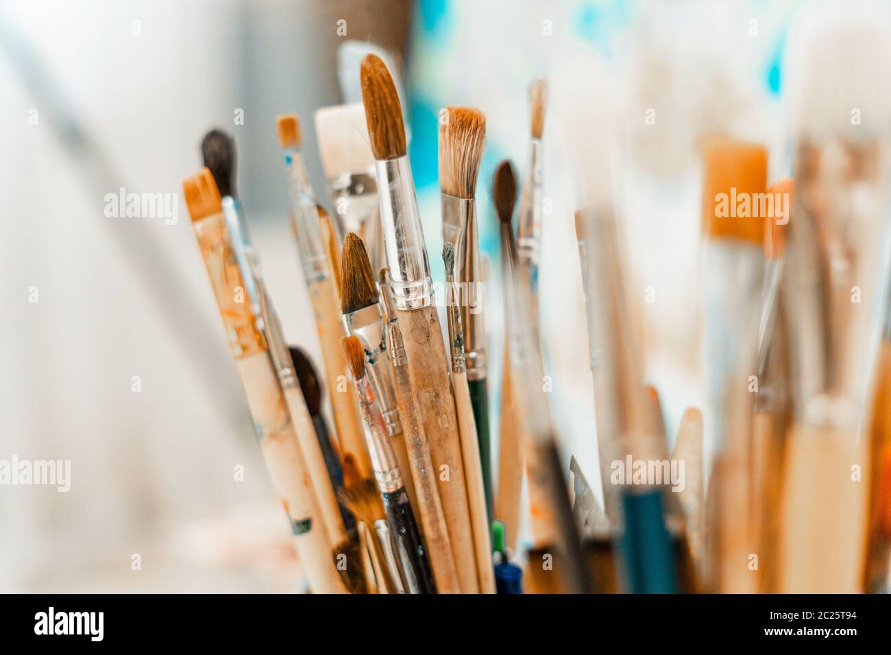 Tools and equipment for the artist. Palette and brushes close-up. The ...
