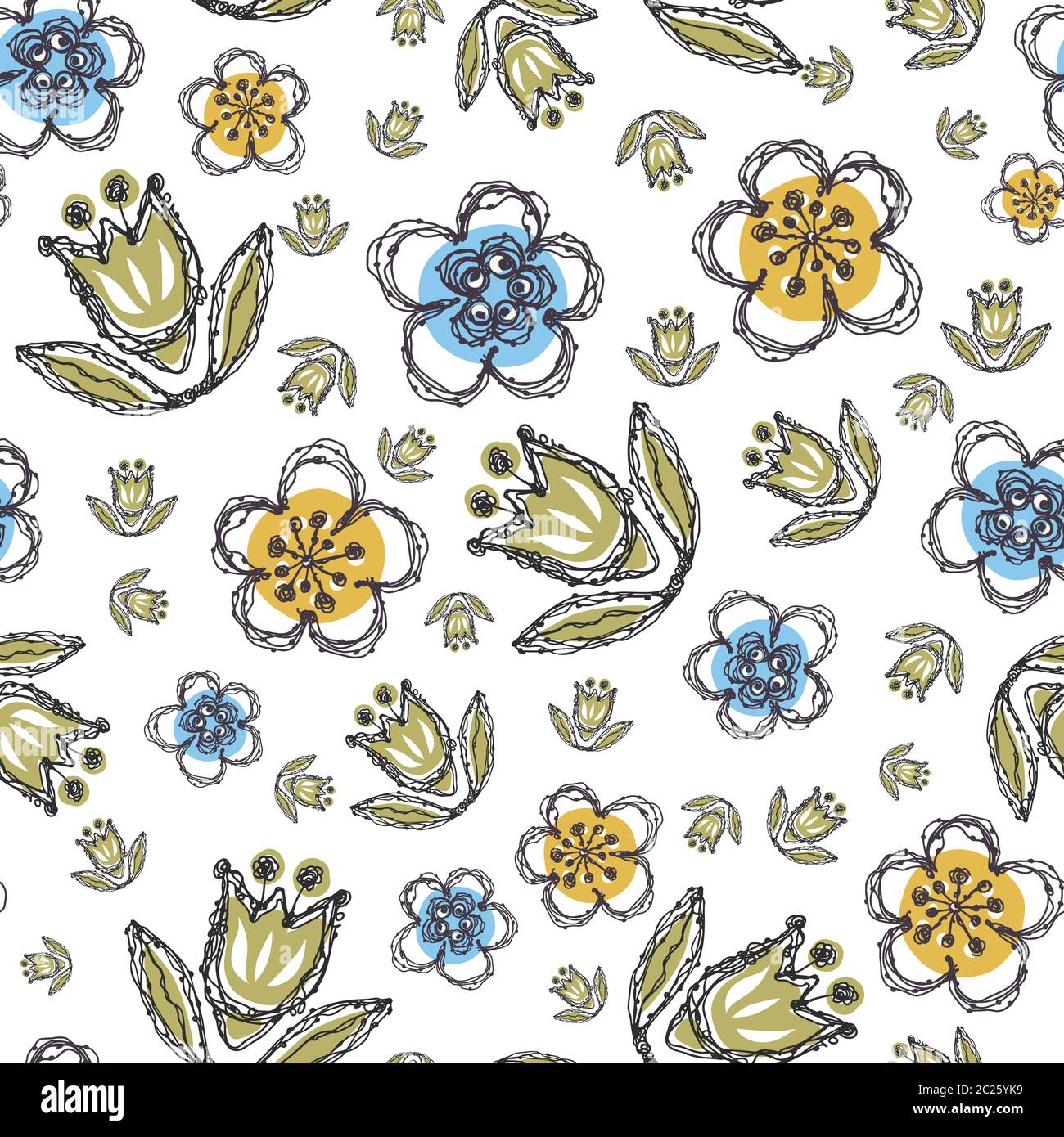 Modern Doodle Daisy Seamless Pattern. Hand Drawn Scribble Flower Repeat ...