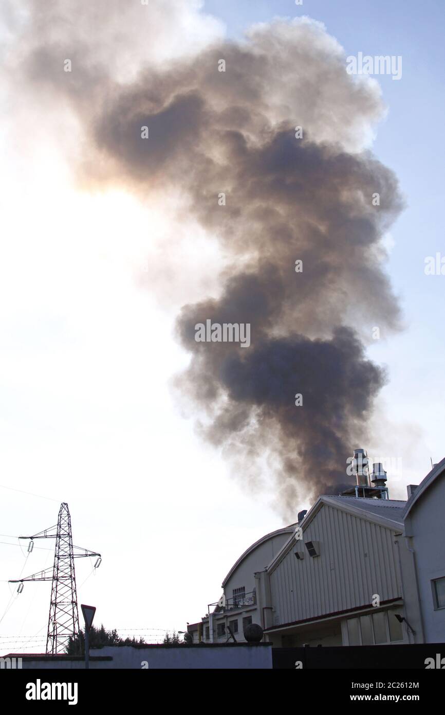 Fire and Smoke Pollution at Warehouse Industrial Building Stock Photo ...