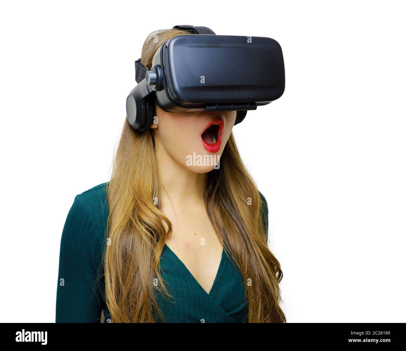 Female wearing Virtual Reality Headset with Mouth Open Stock Photo - Alamy