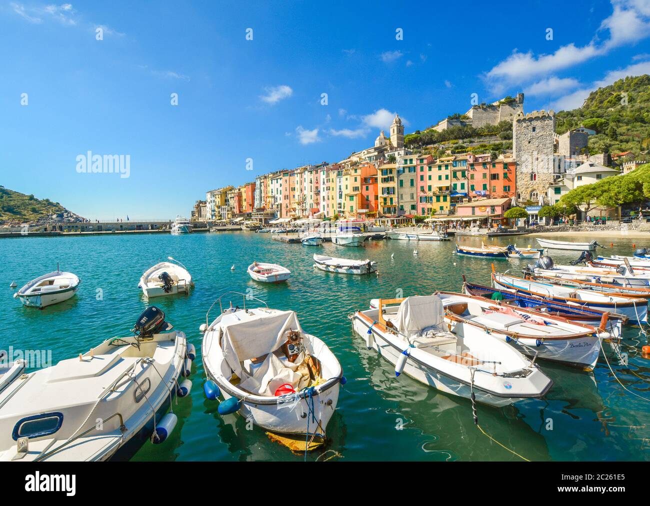 Colorful sea and village of Portovenere, Italy, with it's harbor, pier ...