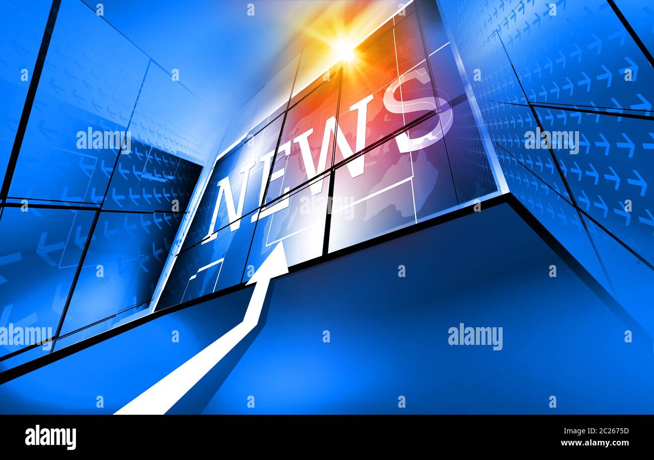 Graphical digital news background with arrows and news text, sun flare ...
