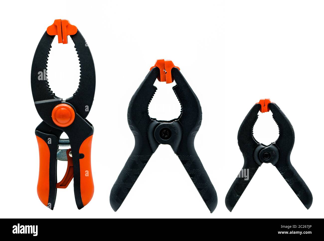 Black and orange spring clamp isolated on white background. Set of ...