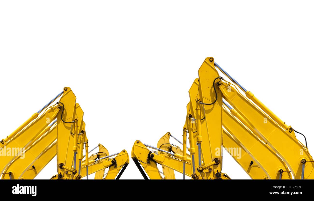 Yellow backhoe with hydraulic piston arm isolated on white. Heavy ...