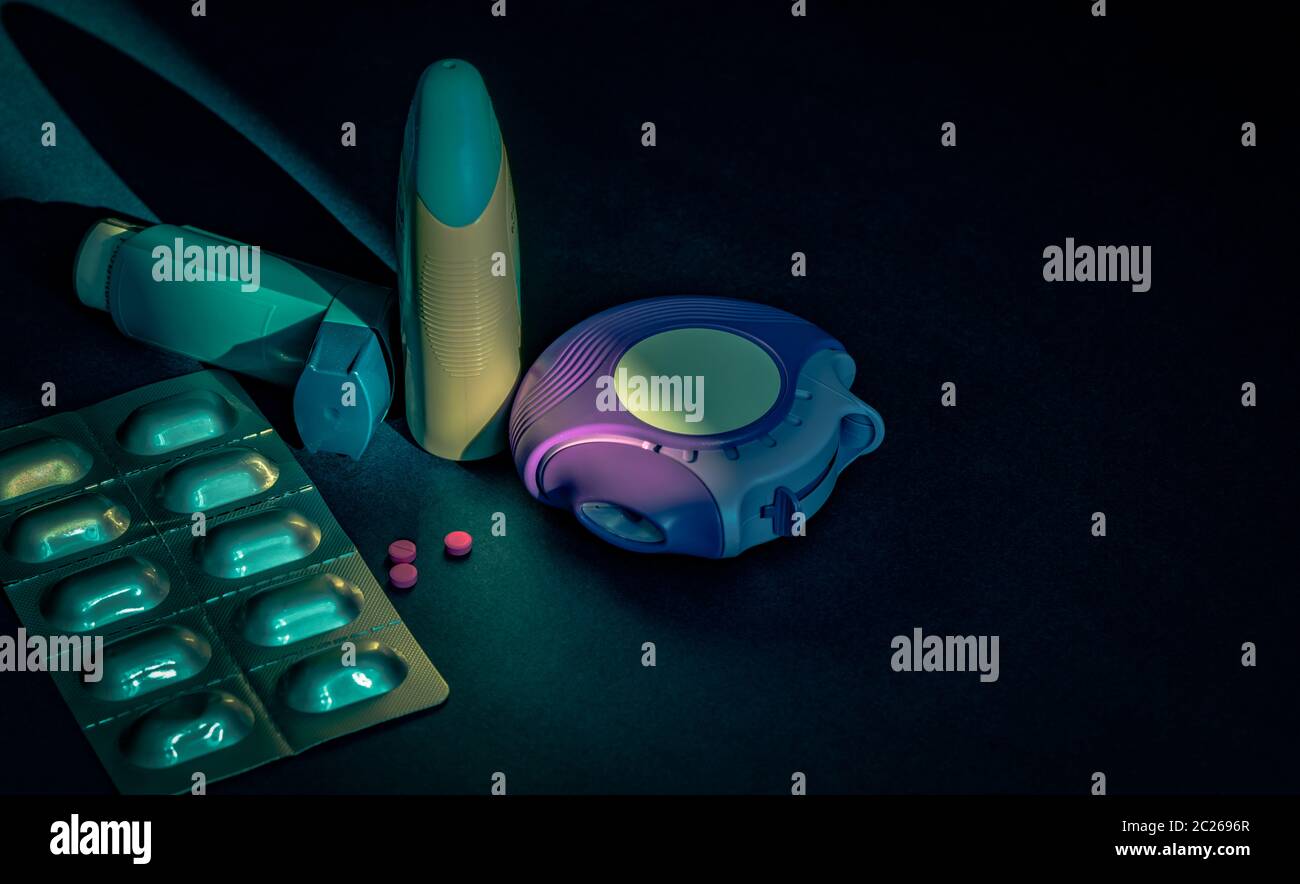 Set of asthma inhaler, accuhaler and anti-allergy pills for treatment ...