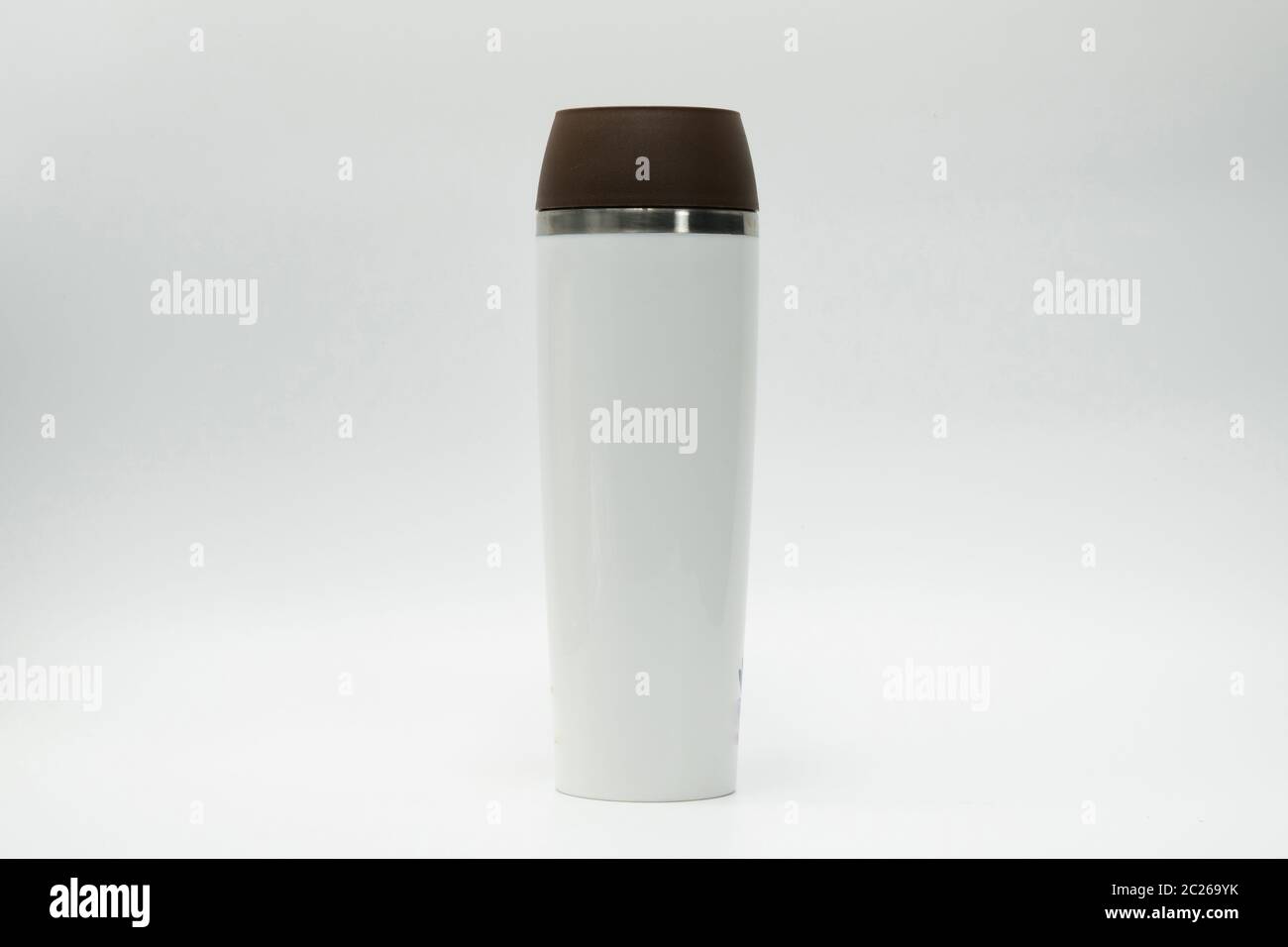 Modern thermos bottle isolated on white background. Coffee, tea, and ...