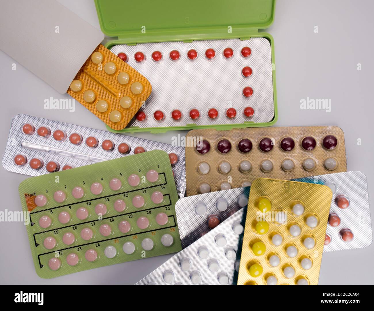 Top view pile of contraceptive pills in blister pack. Birth control ...