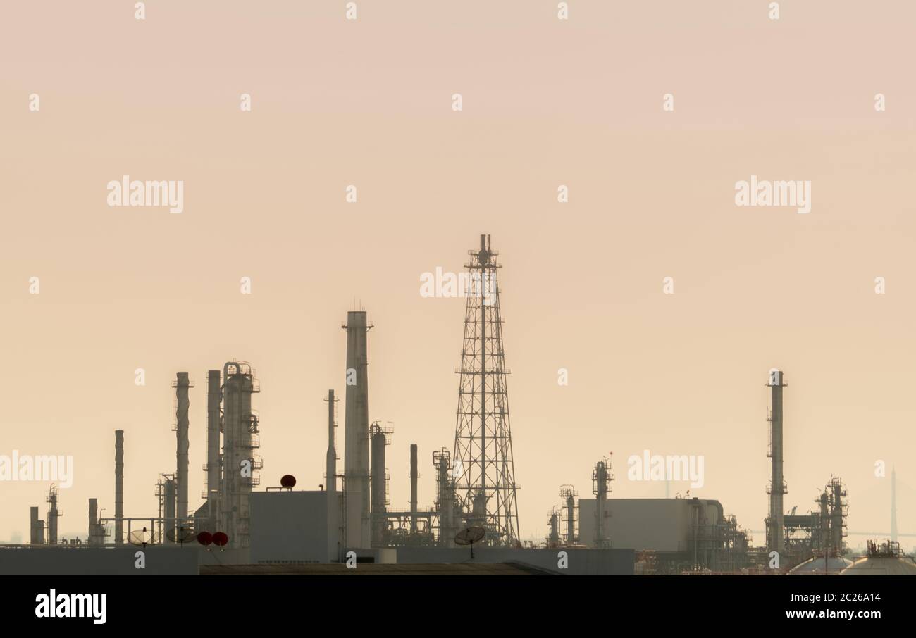 Air pollution at oil petroleum refinery plant. Bad air quality filled ...