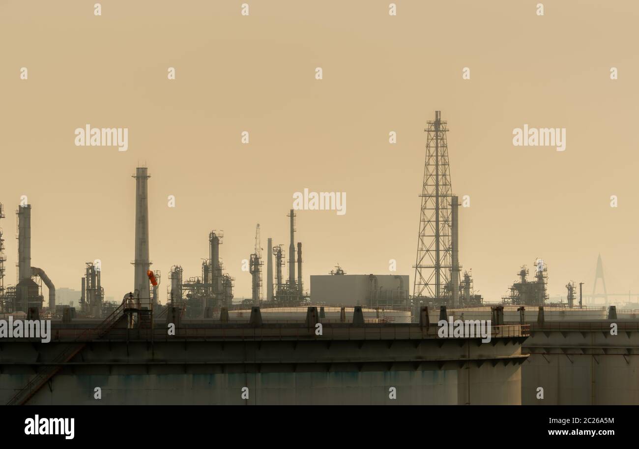Air pollution at oil petroleum refinery plant. Bad air quality filled ...