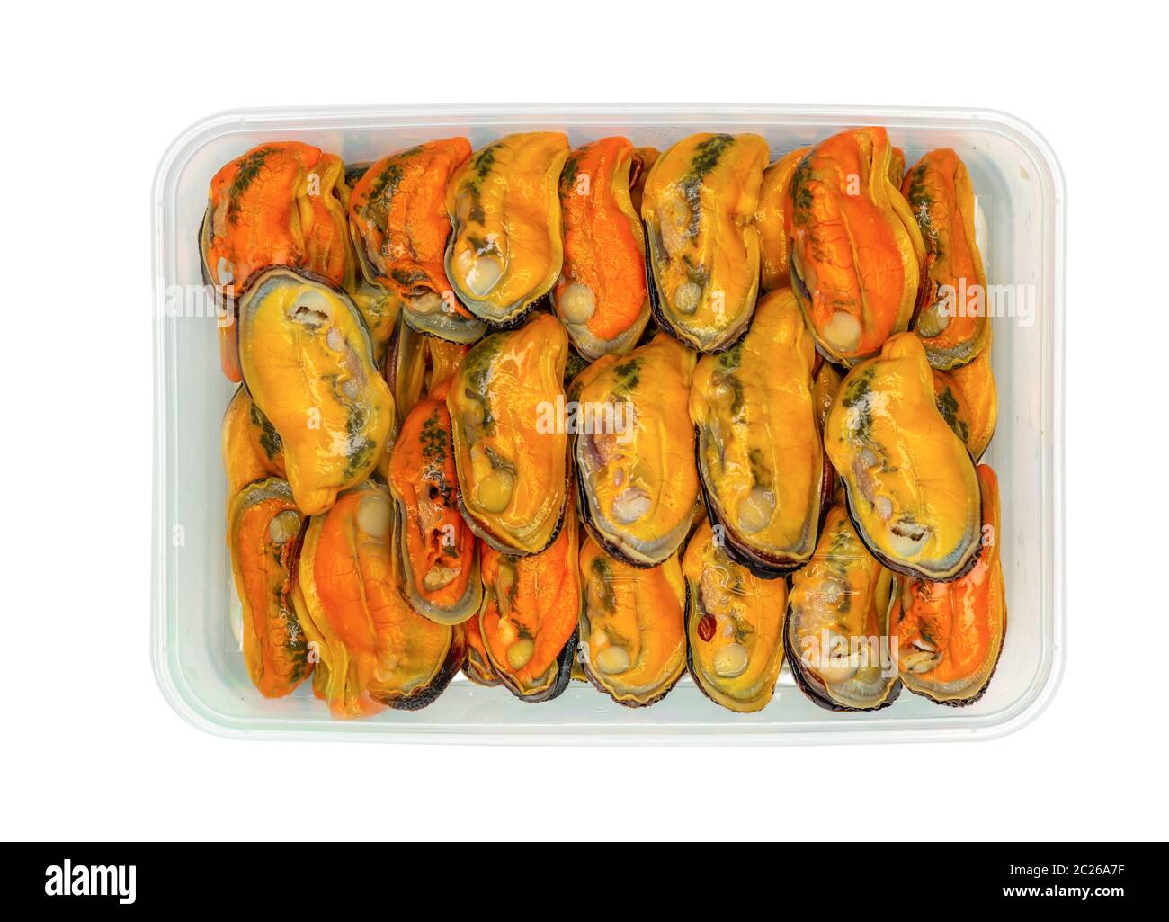 Steamed mussels in plastic box for delivery. Cooked mussel meat without ...