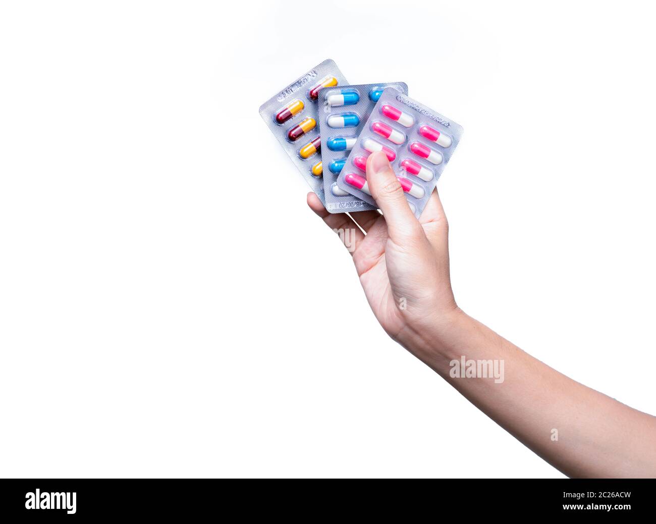 Asian adult hand holding antibiotics drug in blister pack. Woman hand ...
