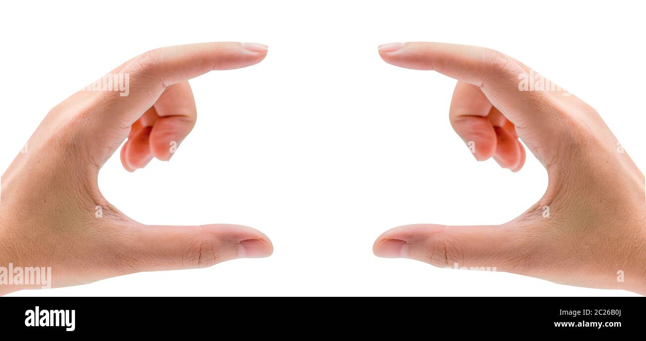 Man hands holding or pressing something isolated on white background ...