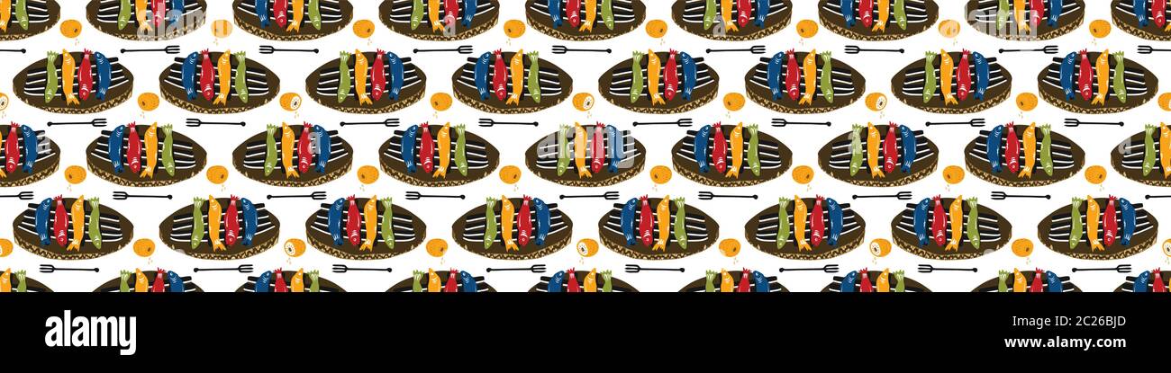 Grilled Sardines Fish Seamless Vector Border Pattern. Traditional BBQ ...