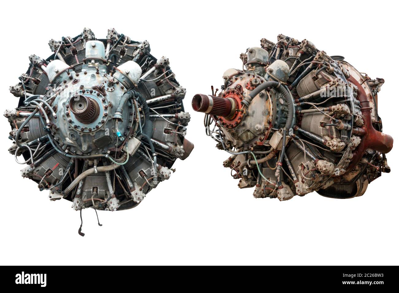 9 cylinder Radial Engine of old airplane isolated on white background ...