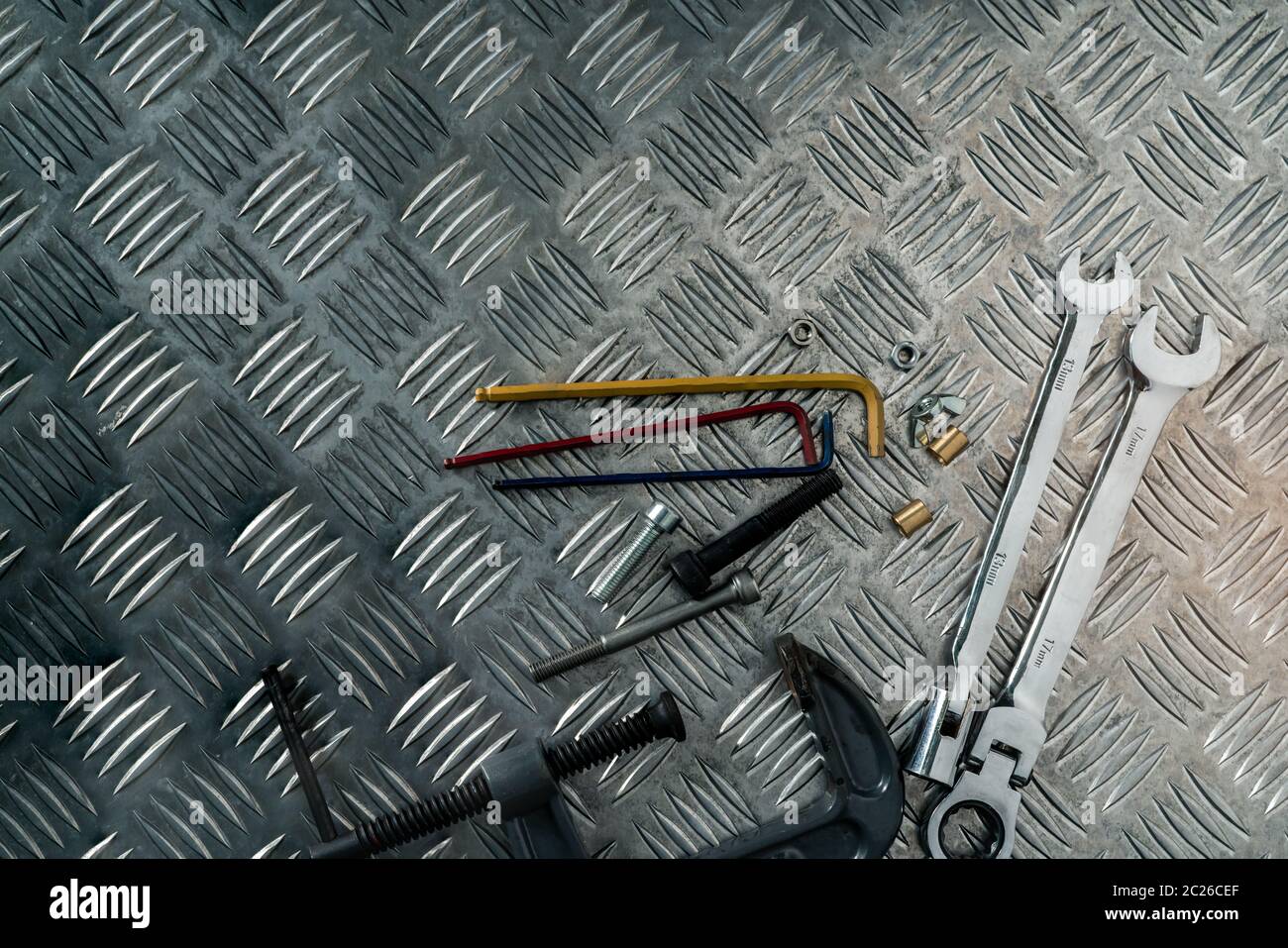 Top view of tools on industrial metal checker plate. Metal checkerplate ...