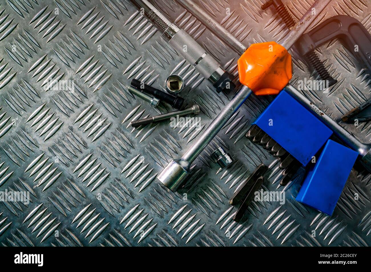 Top view of tools on industrial metal checker plate. Metal checkerplate ...