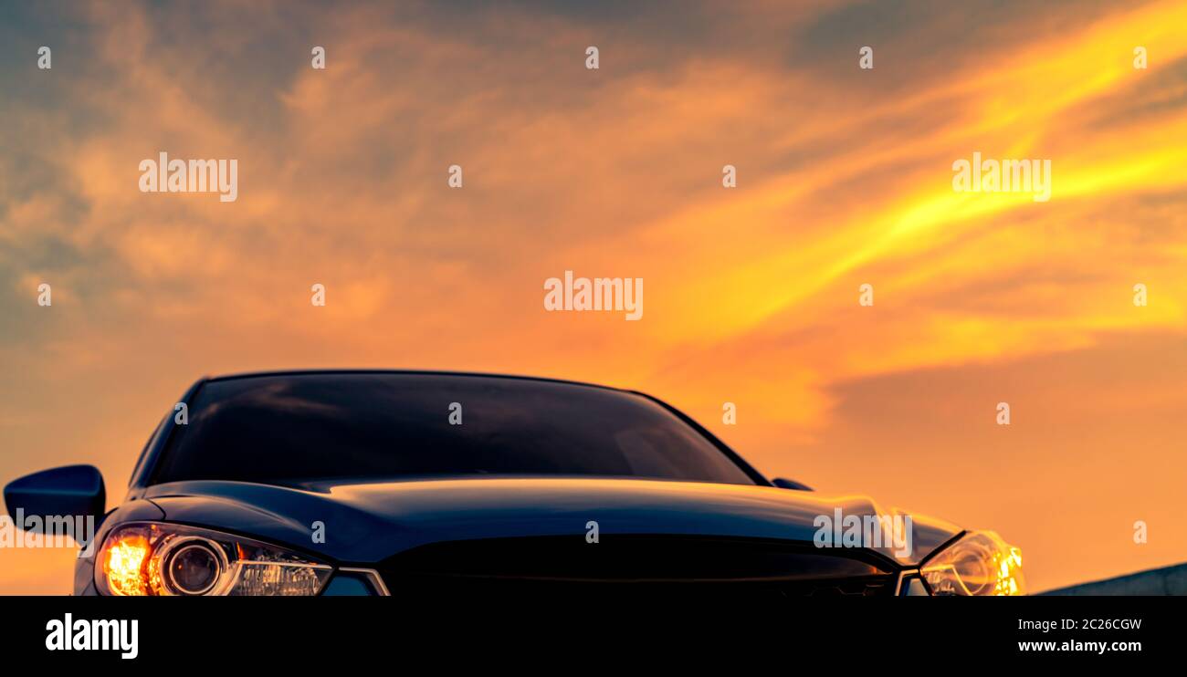 Front view blue compact SUV car with sport and modern design parked on ...