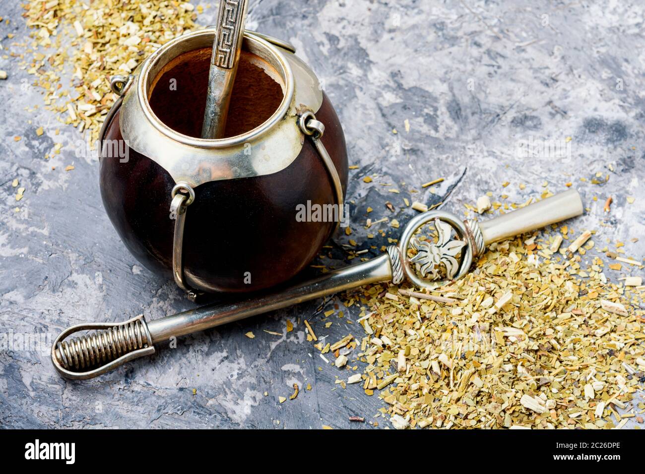Yerba mate in calabash and dry herb.Traditional argentinian beverage ...