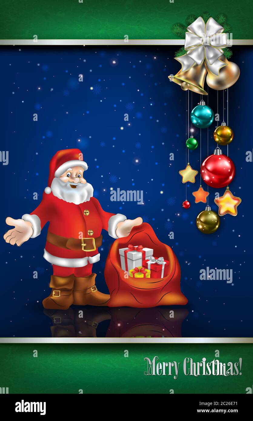 Abstract blue background with Christmas decorations and Santa Claus ...