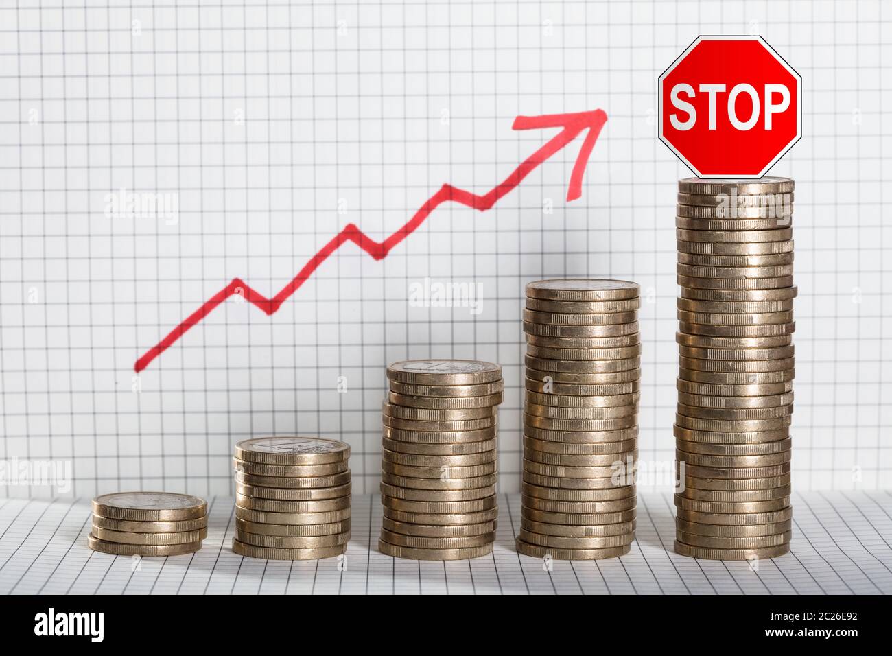 Red Stop Caution On Stack Of Coins Showing Growth In Profit Stock Photo ...
