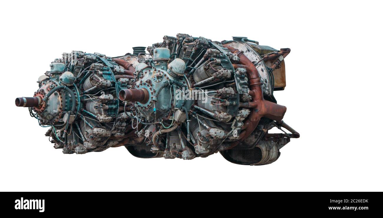 9 cylinder Radial Engine of old airplane isolated on white background ...
