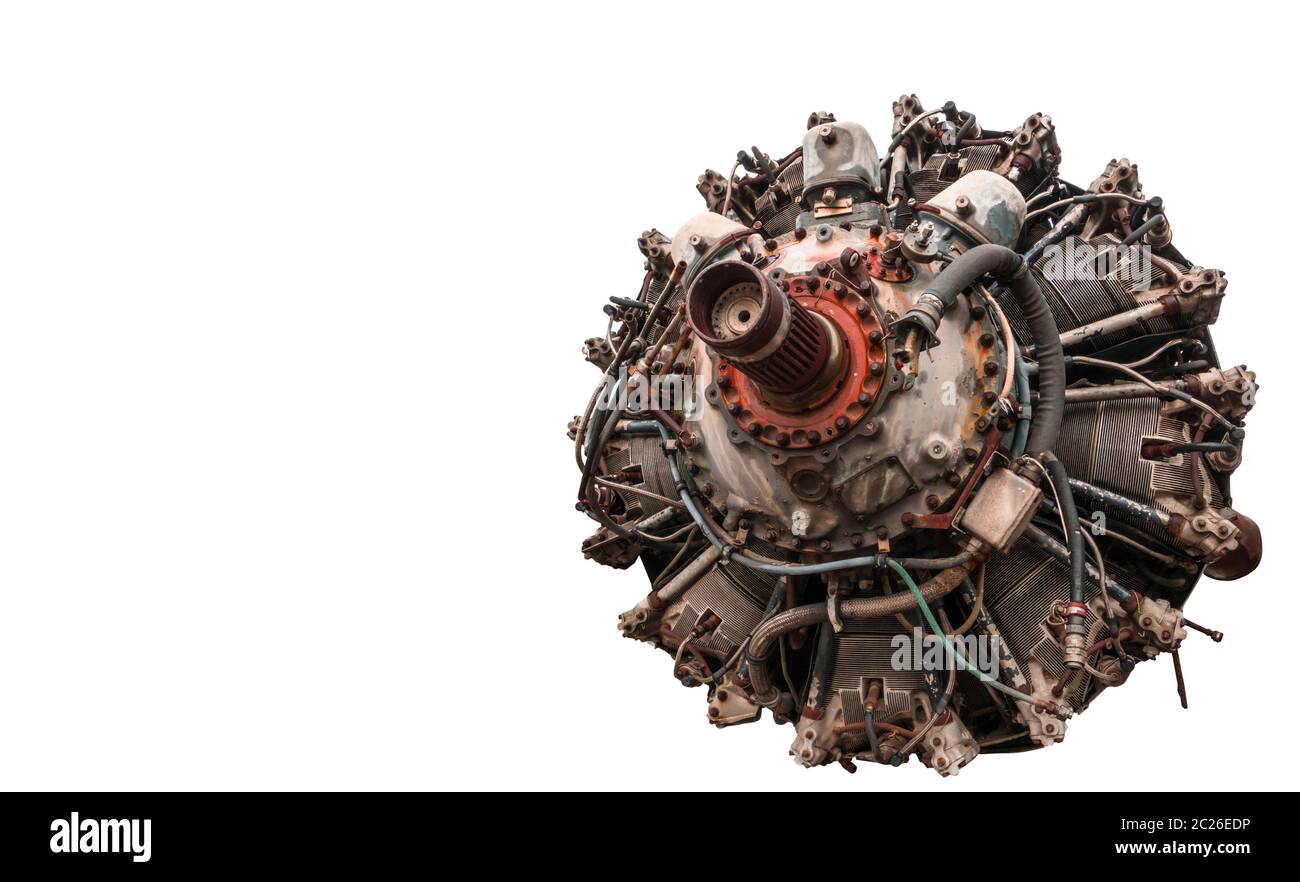 9 cylinder Radial Engine of old airplane isolated on white background ...
