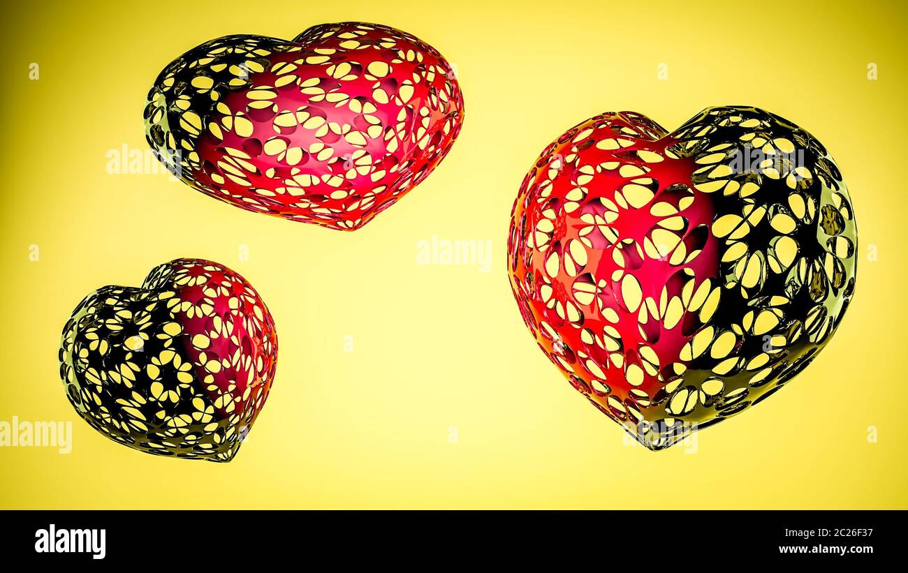 three-dimensional model of hearts on a yellow background. 3D rendering ...
