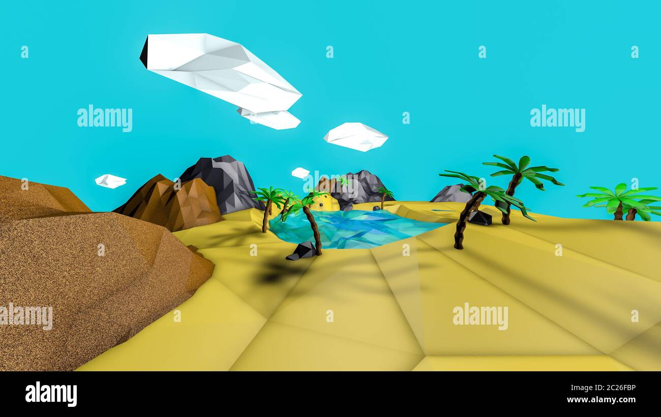 low poly desert landscape with palm trees. 3d render Stock Photo - Alamy