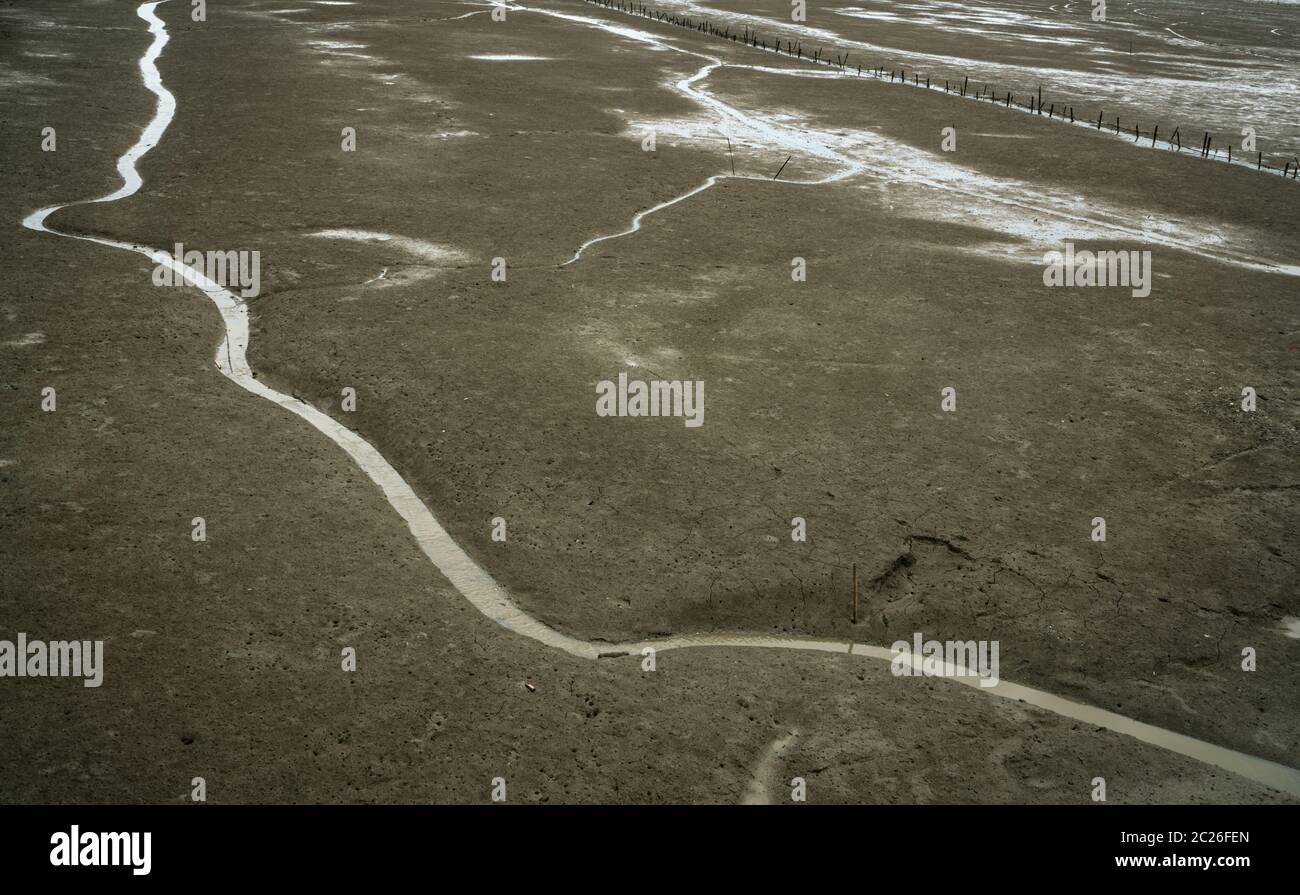 Landscape of coastal mud. Loneliness. Beach on tide. Water canal with ...